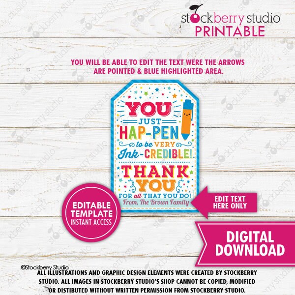 Pen Gift Tag Printable Pen Thank You Tag Teacher Appreciation - Etsy