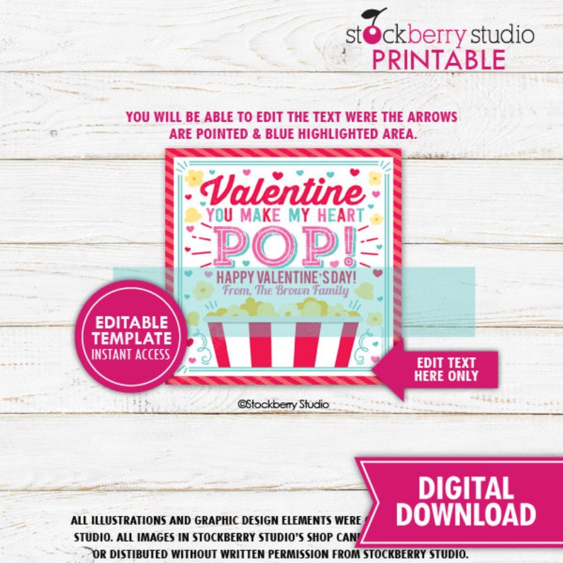 Valentine Popcorn Tag Printable You Make My Heart Pop Valentine's Day ...