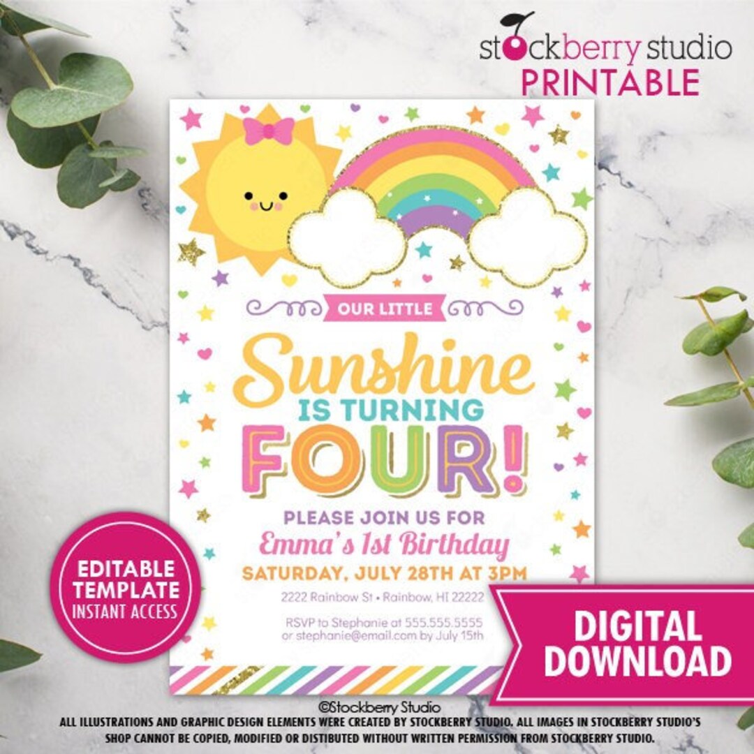 Sunshine Rainbow 4th Birthday Invitation Printable Girl Little Sunshine ...
