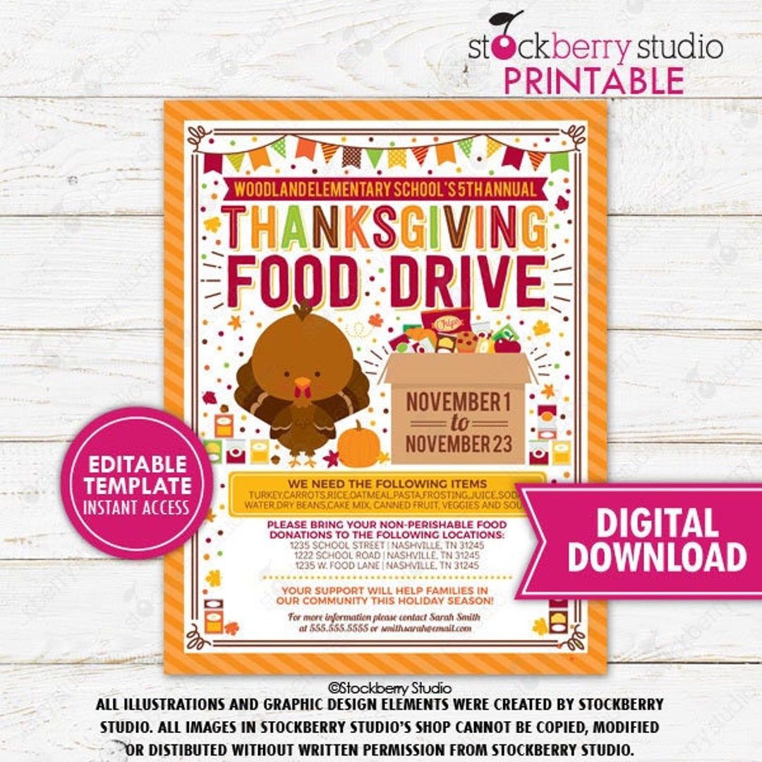 Thanksgiving Food Drive Flyer Printable Fall Donation Fundraiser PTO ...