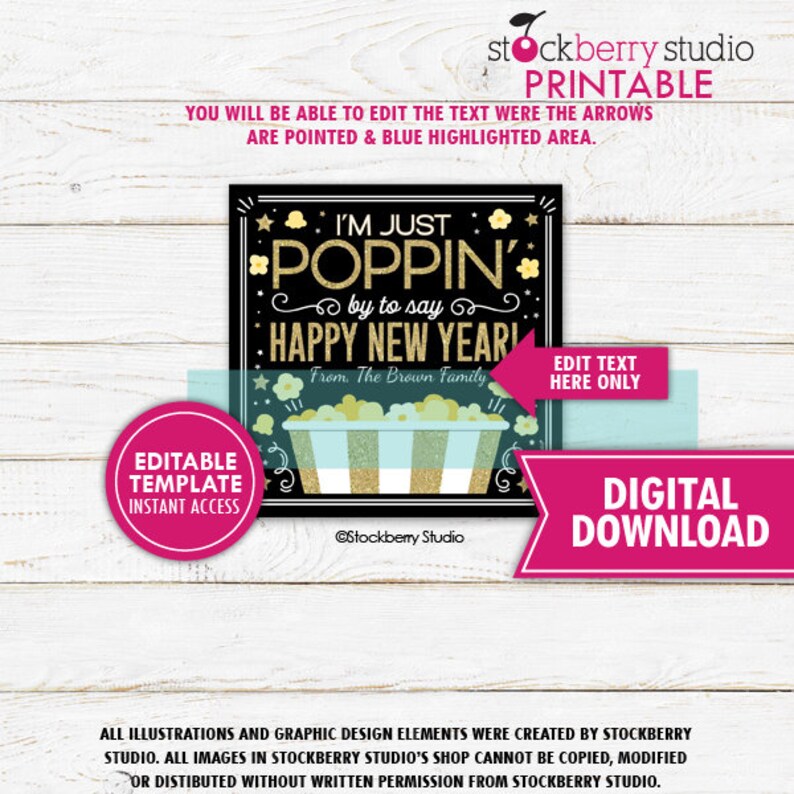 New Years Popcorn Gift Tag Printable Poppin by Happy New Year - Etsy