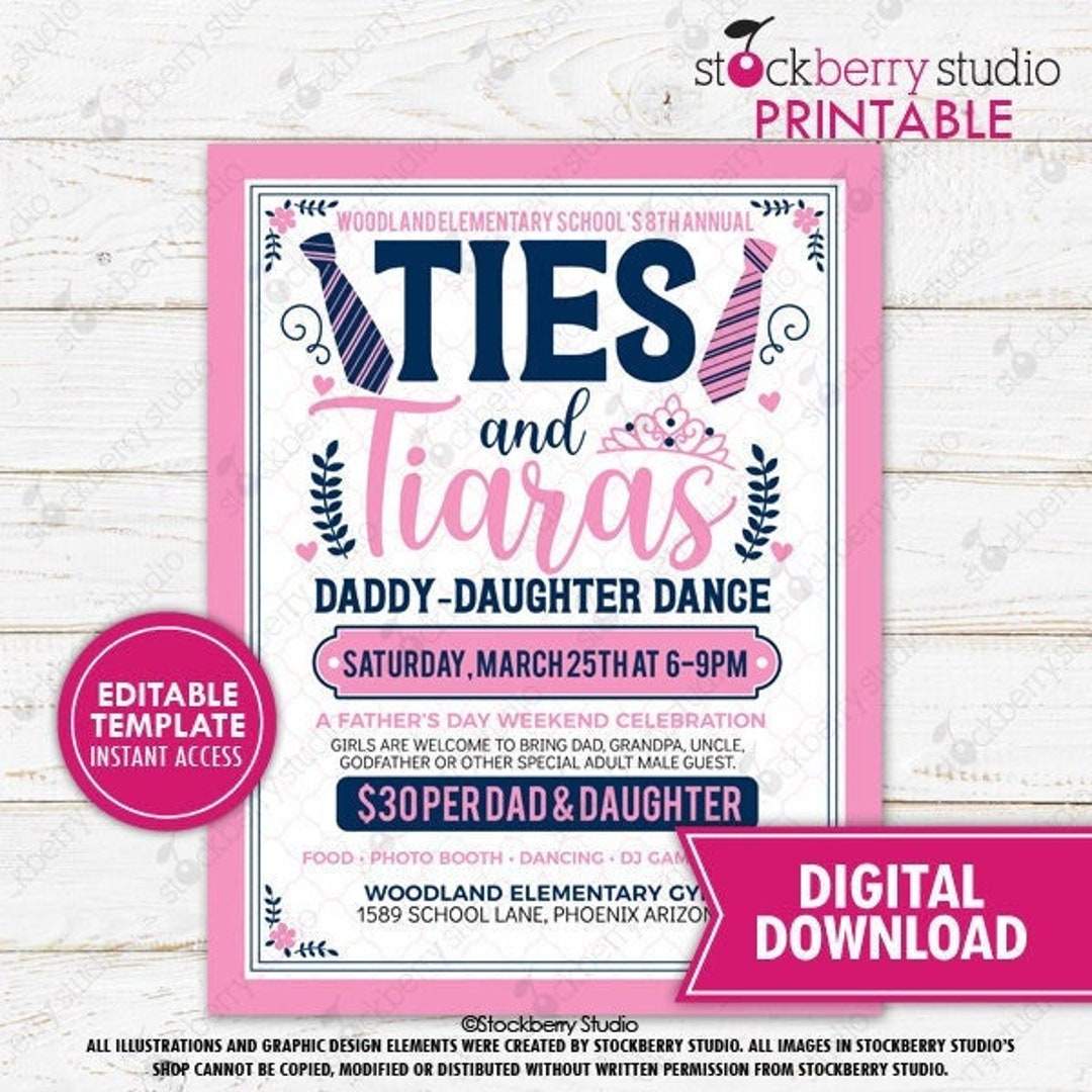 Ties and Tiaras Daddy Daughter Dance Flyer Printable PTO PTA School ...