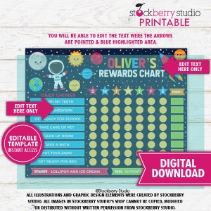 Space Reward Chart Editable Boy Chore Chart Rocket Ship Astronaut Solar ...