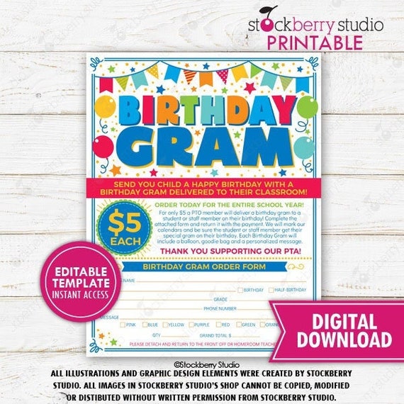 Birthday Gram Order Form Flyer Printable Balloon School Fundraiser PTO ...