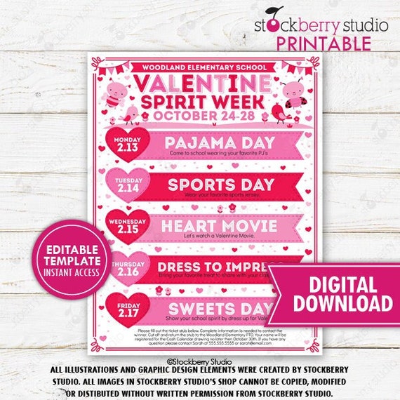 Valentine School Spirit Week Itinerary Flyer Printable Calendar ...