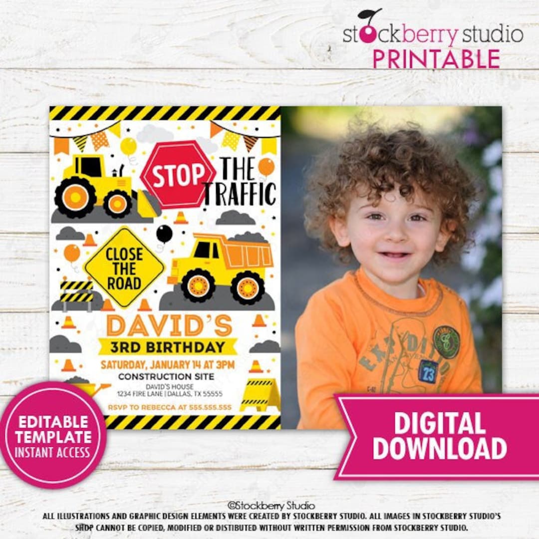 Construction Birthday Photo Invitation Printable Dump Truck Party ...