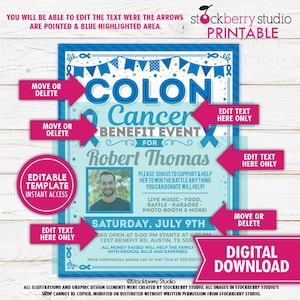 Colon Cancer Benefit Fundraiser Flyer Printable Colorectal Cancer Blue ...