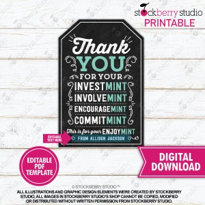 Thank You Tags Printable Mint Gift Tag Volunteer Gift Tag Mint Favor ...