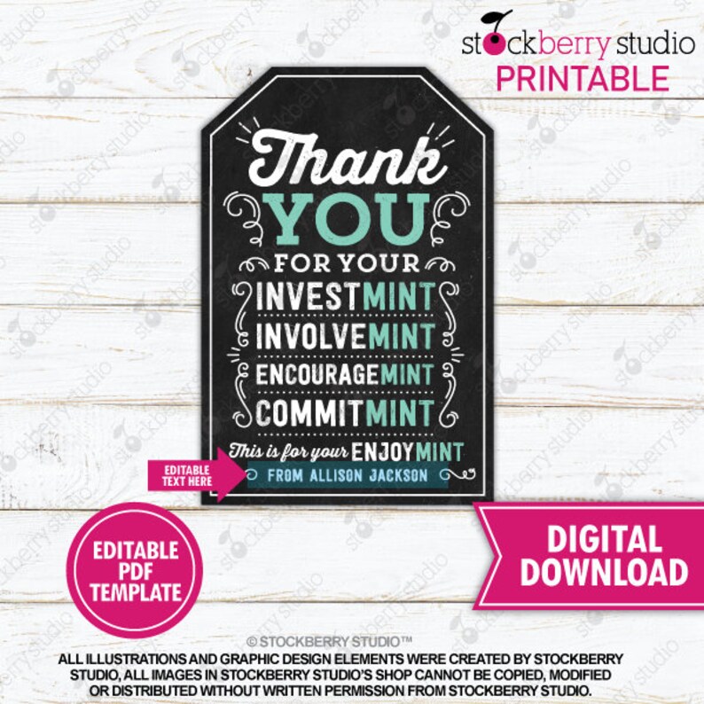 Thank You Tags Printable Mint Gift Tag Volunteer Gift Tag Mint - Etsy