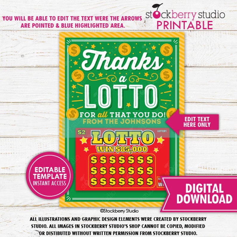 Lottery Ticket Holder Printable Thanks A Lotto for All That | Etsy