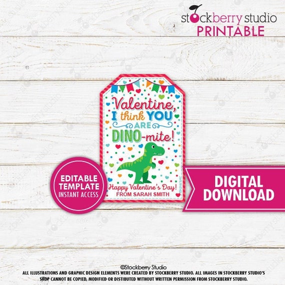 Valentine Dinosaur Tag Printable I Think You are Dino-Mite Valentine's ...