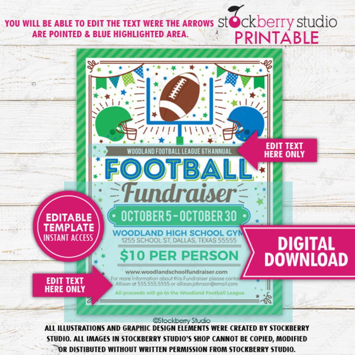 Football Fundraiser Flyer Printable Tournament School PTO PTA Benefit ...