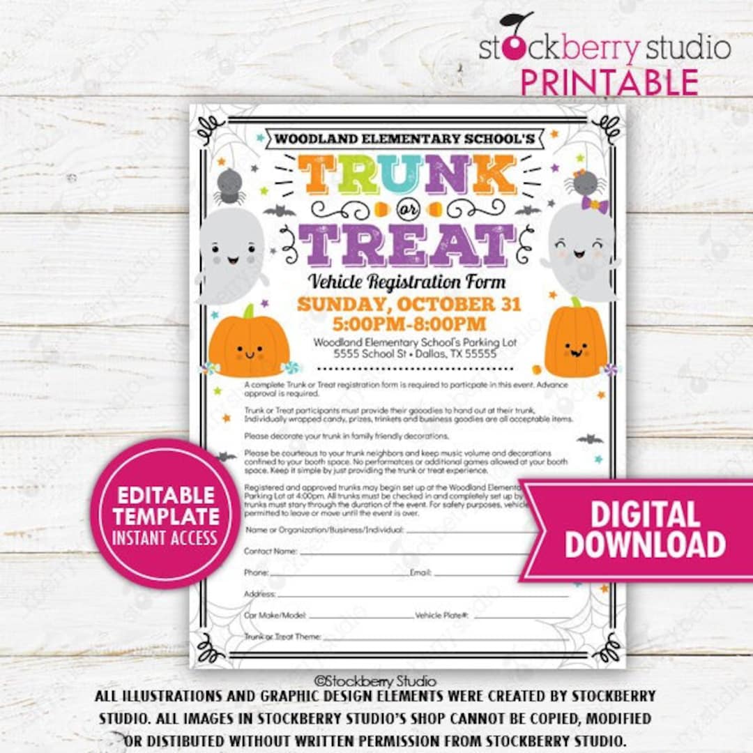 Trunk or Treat Car Vehicle Registration Halloween Form Kids School Sign ...