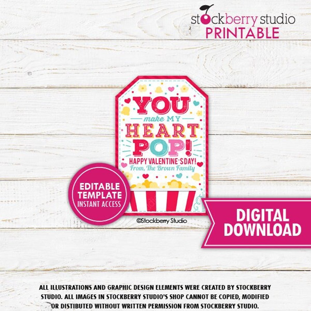 Valentine Popcorn Gift Tag You Make My Heart Pop Valentine's Day Tags ...