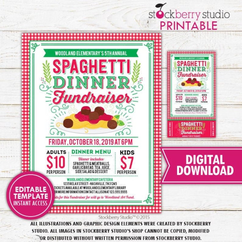 Spaghetti Dinner Fundraiser Flyer Tickets Printable Pasta Dinner Invite ...