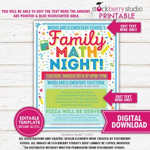Family Math Night Flyer Printable Template Fundraiser Poster School ...