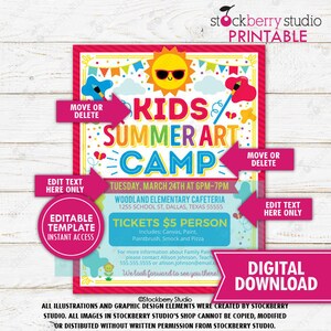 Kids Summer Art Camp Flyer Printable Artist Teacher Marketing ...