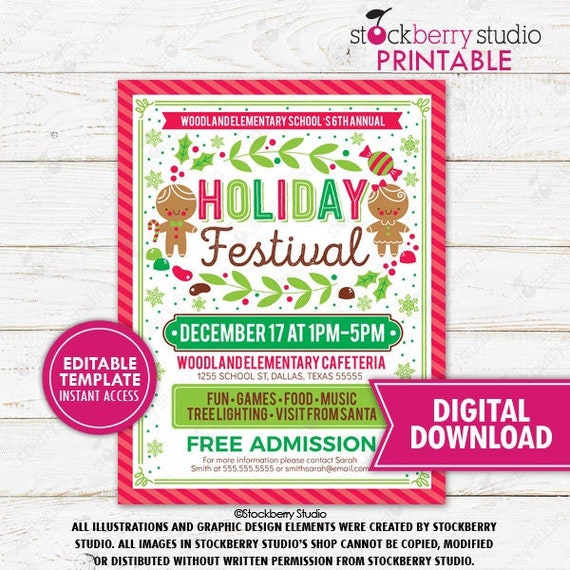 Holiday Festival Flyer Printable Christmas Fundraiser Invitation PTO ...