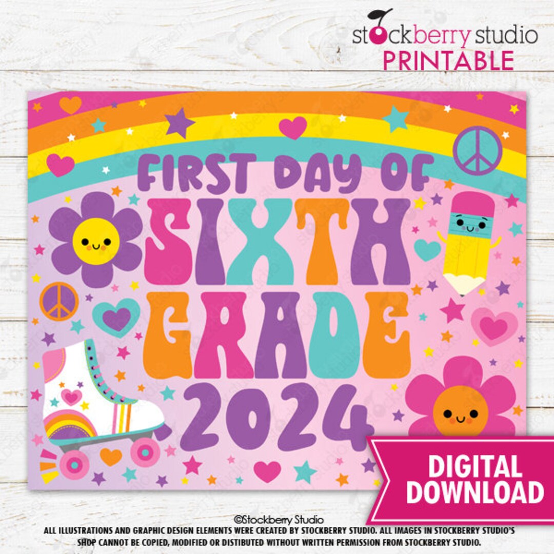 Groovy Retro First Day of 6th Grade Sign Rainbow Boho Roller Skate Girl ...
