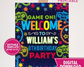 Video Game Party Welcome Sign Neon Glow Sign Double Digits Birthday ...