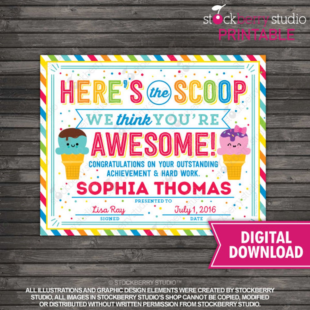 Ice Cream Certificate Printable Staff Employee Teacher - Etsy