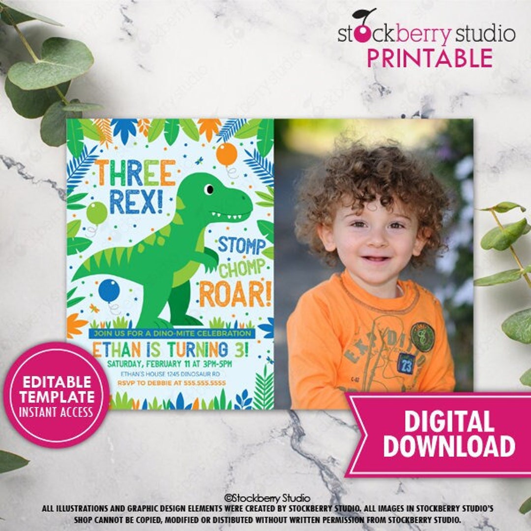 Dinosaur Birthday Photo Invitation Printable Trex Dino Three Rex Invite ...