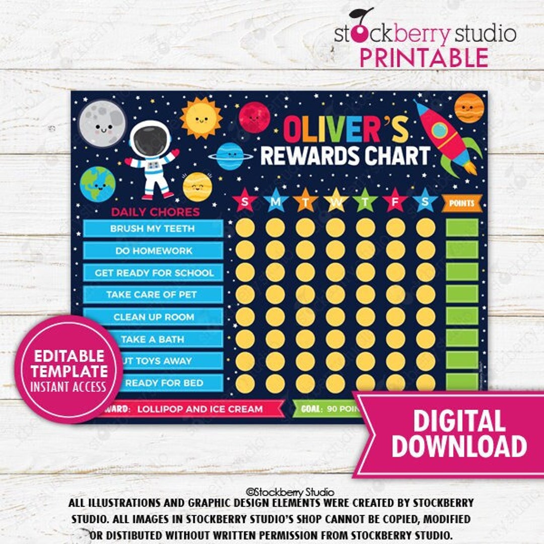 Space Reward Chart Editable Boy Chore Chart Rocket Ship Astronaut Solar ...