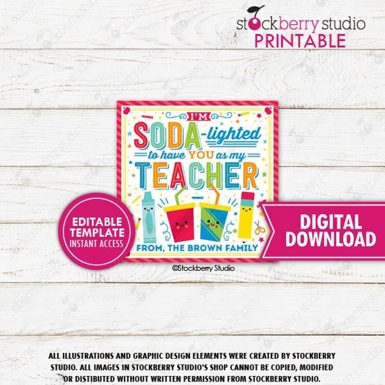 Teacher Gift Tag Printable Soda-lighted Soda Teacher Appreciation Gift ...