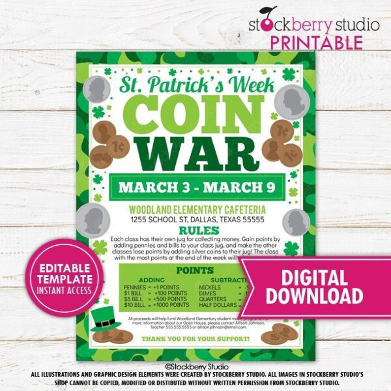 St Patricks Day Coin War Fundraiser Flyer School PTO PTA Charity ...