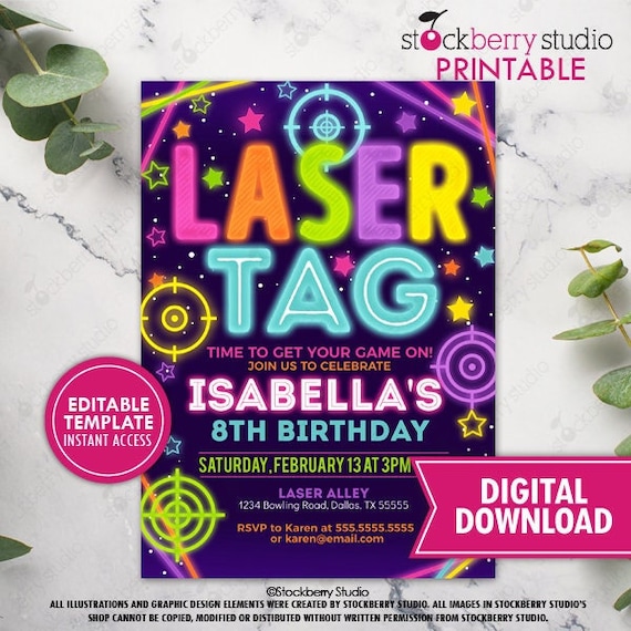 Girls Laser Tag Invitation Printable Neon Glow Birthday Invite Girl ...
