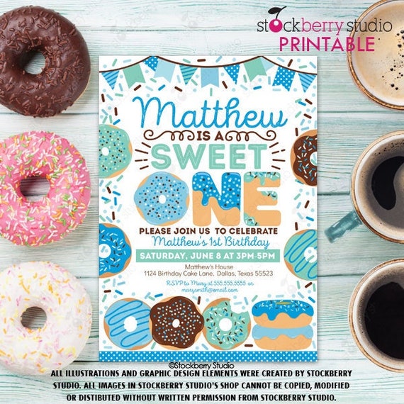 Boy Donut First Birthday Invitation Editable Doughnut Blue Oh So Sweet ...