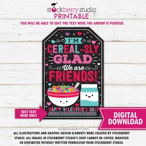 Cereal Valentine Tag Printable I'm Cereal-sly Glad We Are Friends Tag ...