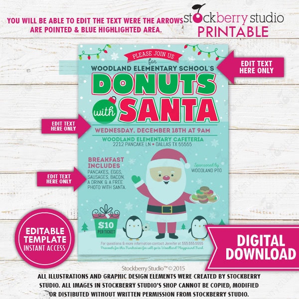 Donuts With Santa Flyer School Fundraiser Invitation Printable Kids ...