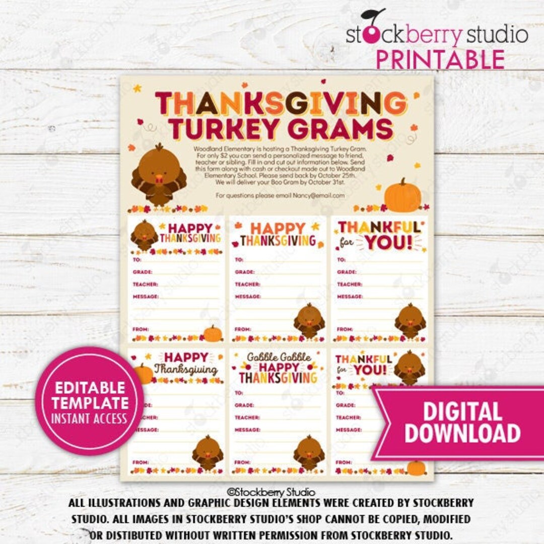 Thanksgiving Turkey Candy Gram Flyer Thanksgiving Gram Form Printable ...