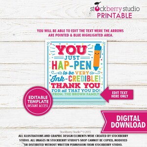 Pen Gift Tag School Pto Pta Teacher Appreciation Hap-pen to Be Very Ink ...