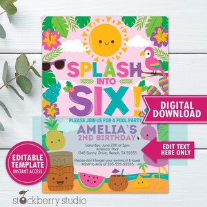Splash Into Six 6th Birthday Girl Pool Party Invitation Printable ...