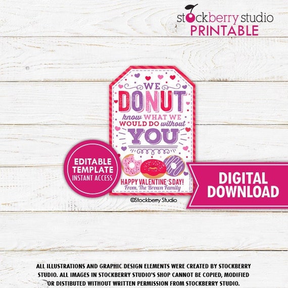 Valentine's Day Donut Gift Tags Editable Teacher Appreciation Donut ...