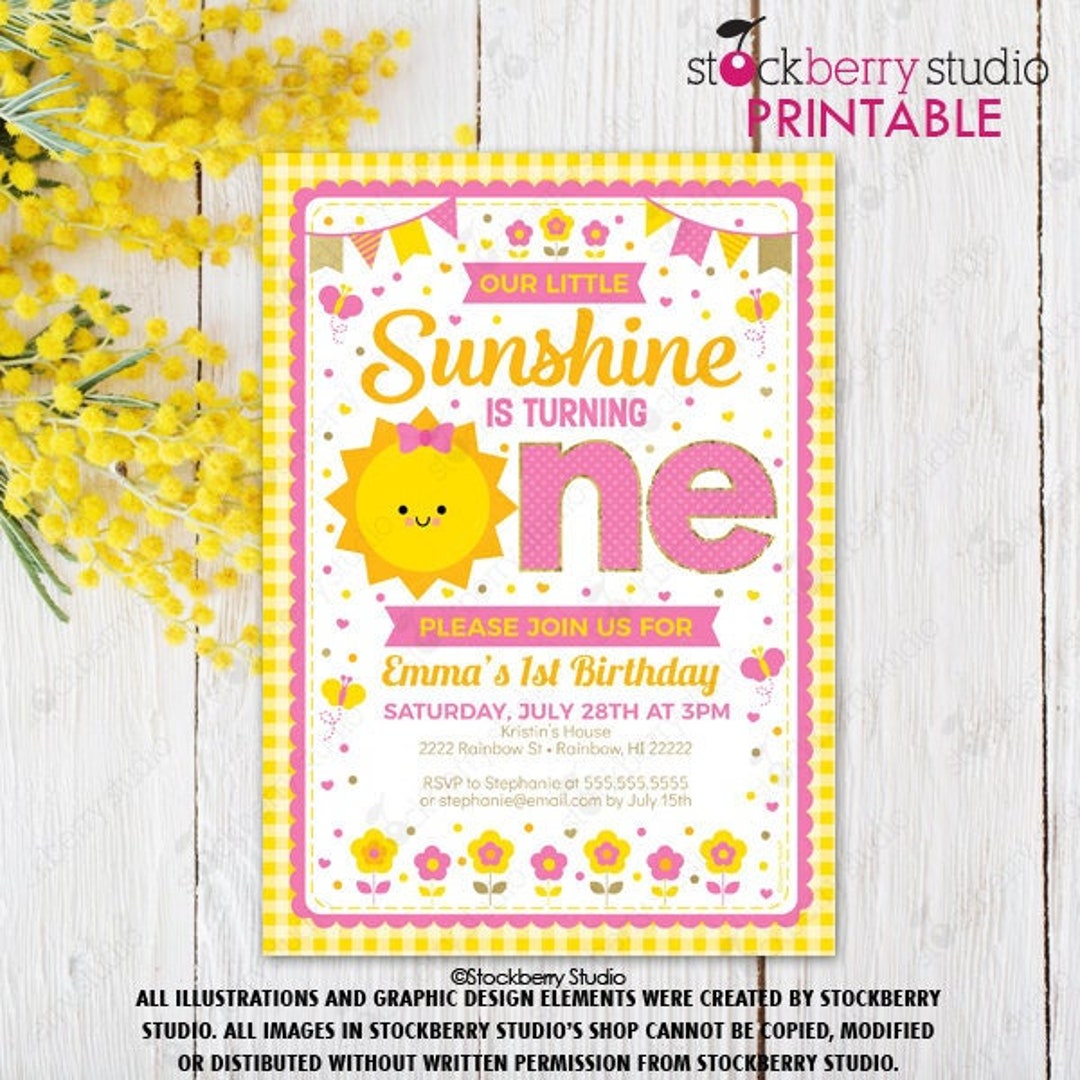 Sunshine First Birthday Invitation Printable Editable Girl Sunshine ...