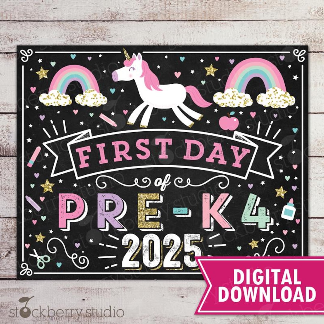 Unicorn First Day of Pre-k4 Sign Girl 1st Day of Pre-kindergarten Sign ...
