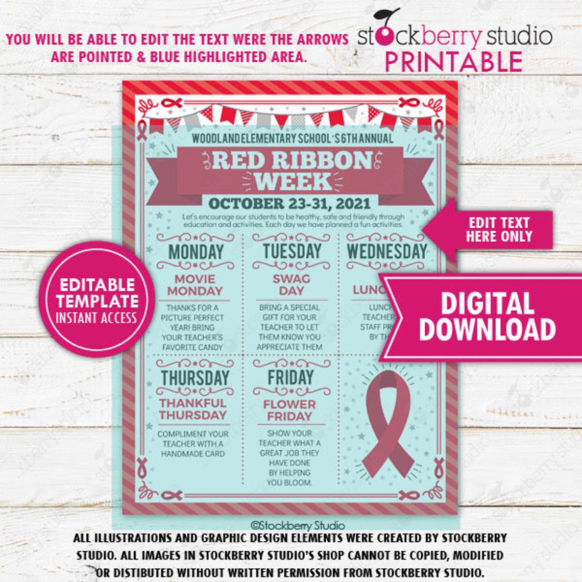 Red Ribbon Week Schedule Itinerary Flyer Printable Drug Free - Etsy