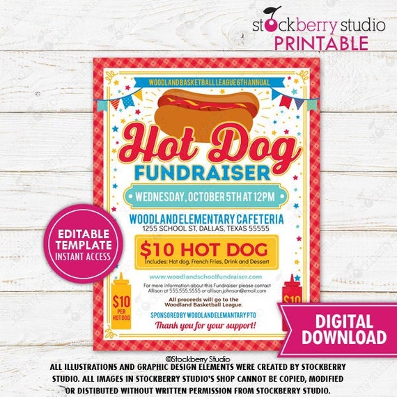 Hot Dog Fundraiser Flyer Printable Template BBQ Benefit Dinner - Etsy