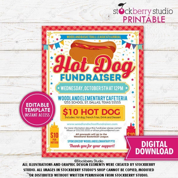Hot Dog Fundraiser Flyer Printable Template BBQ Benefit Dinner - Etsy