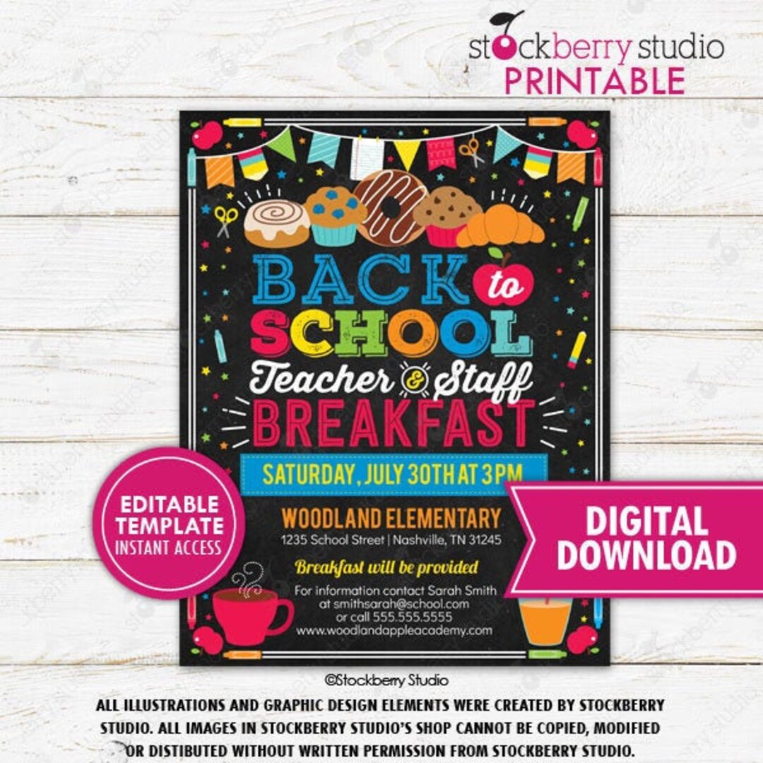 Back to School Teacher Staff Breakfast Flyer PTO PTA Fundraiser Back to ...
