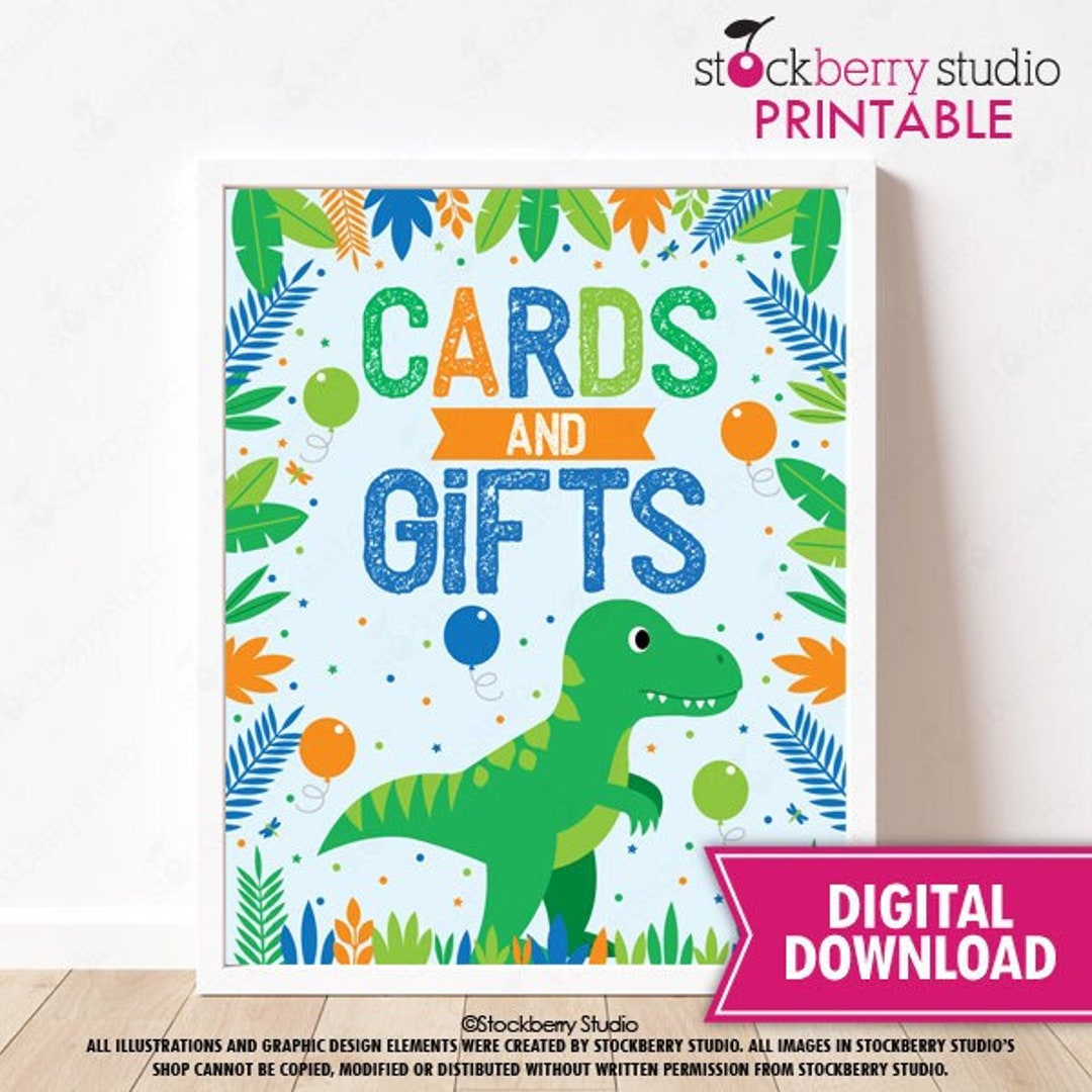 Dinosaur Party Cards and Gifts Table Sign Printable T-rex Food & Drinks ...