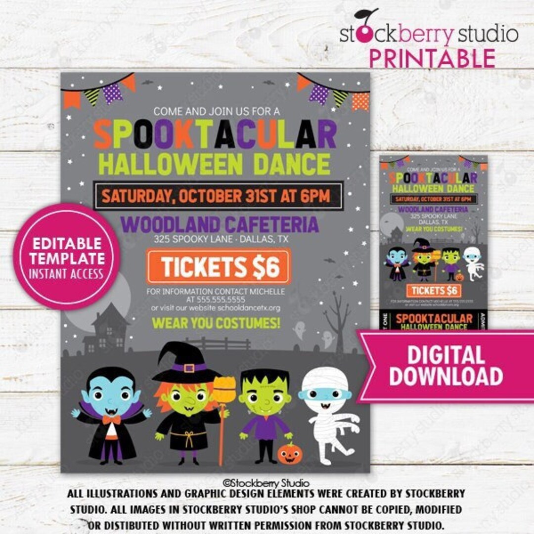 Halloween School Dance Flyer Invitation Ticket Set Printable PTO PTA ...