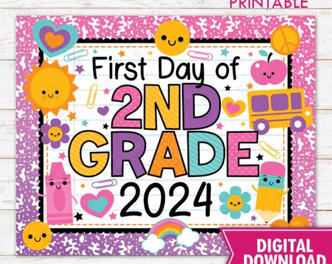 First Day of 2nd Grade Sign Girl First Day of Second Grade Printable 1st Day of School Back to ...