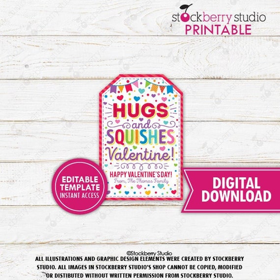 Valentine's Day Squishies Gift Tag Printable Editable Hugs and Squishes ...