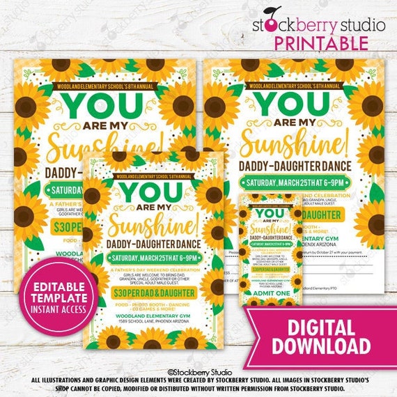 Sunflower Daddy Daughter Dance Flyer Ticket Set Printable You Are my ...
