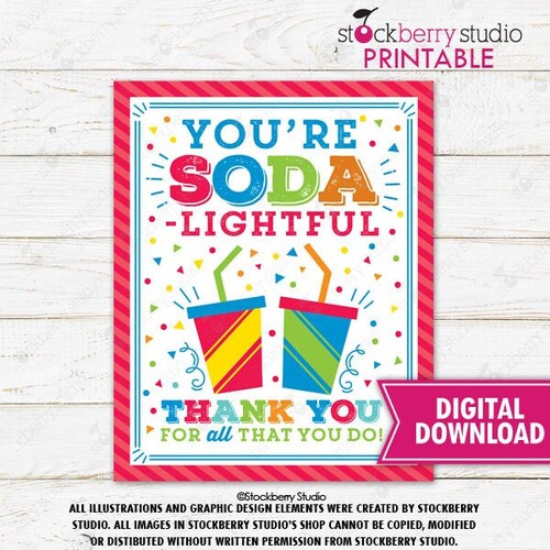 Soda Appreciation Sign Printable You're Soda-lightful - Etsy