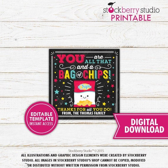 You Are All That and a Bag of Chips Tag Teacher Appreciation Gift Staff ...